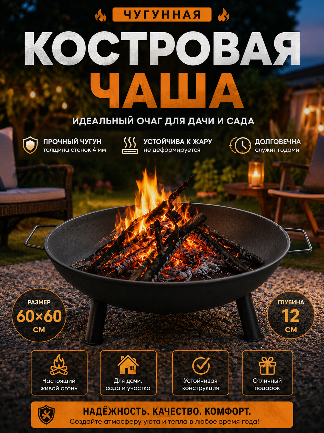 Костровая чаша чугунная 60×60×12 см, толщина 4 мм, очаг для костра на даче и в саду