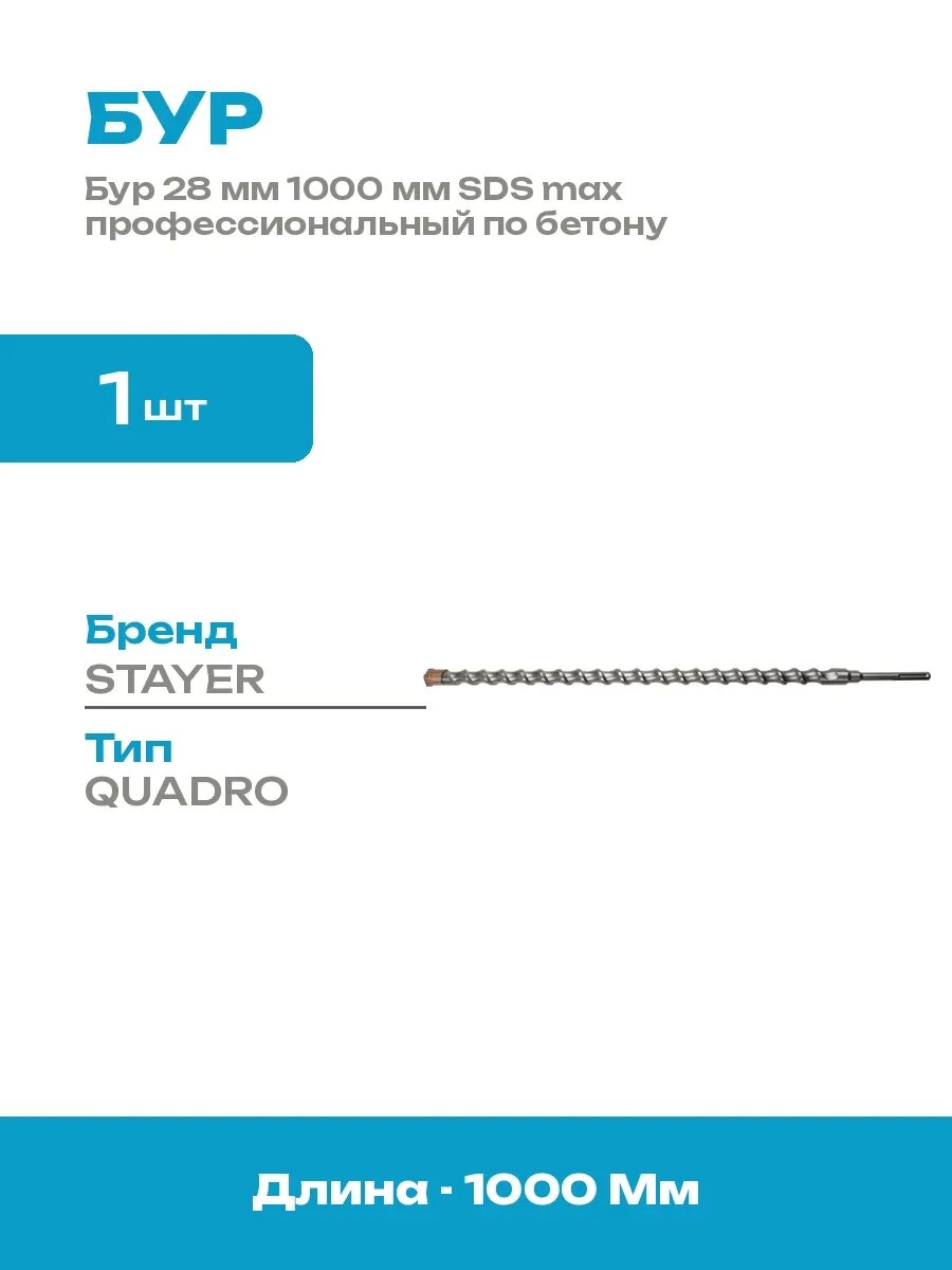 Бур SDS max 28х1000 мм для перфоратора по бетону кирпичу