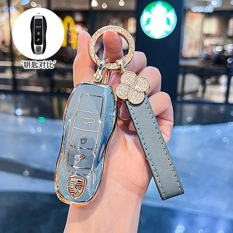 Porsche Серо-серый с лентой из четырехлистного клевера чехол для ключа-брелока для Macan Cayenne 718 Panamera 911 Taycan