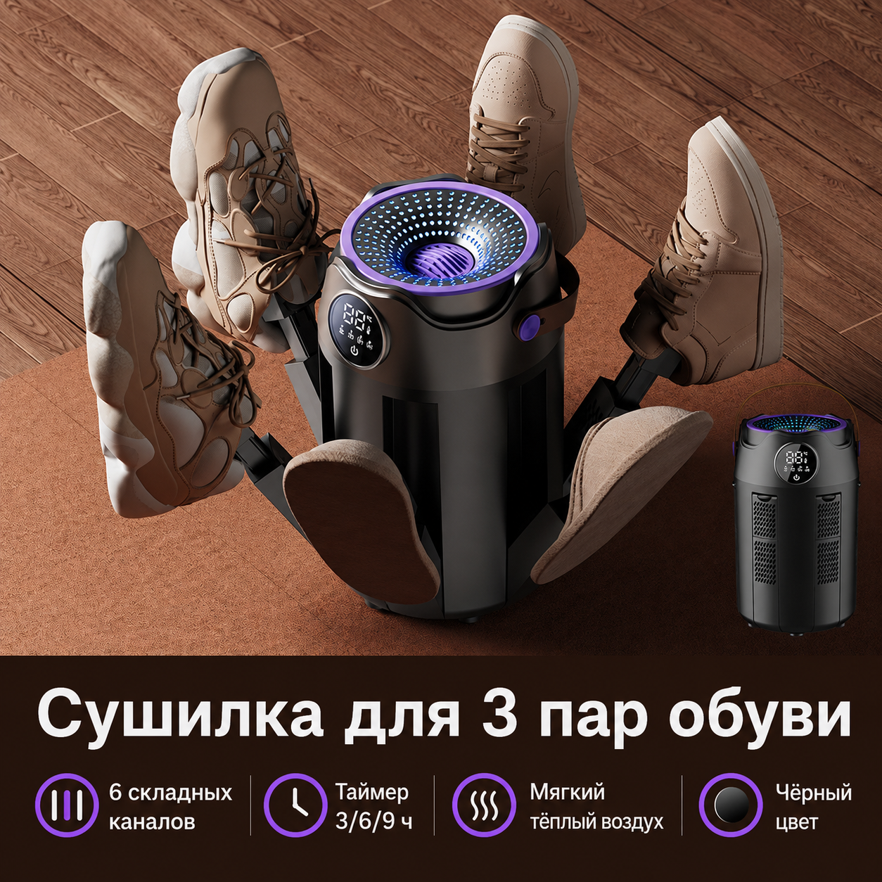 Складная сушилка для обуви на 6 каналов, чёрная, с таймером и мягким нагревом для дома