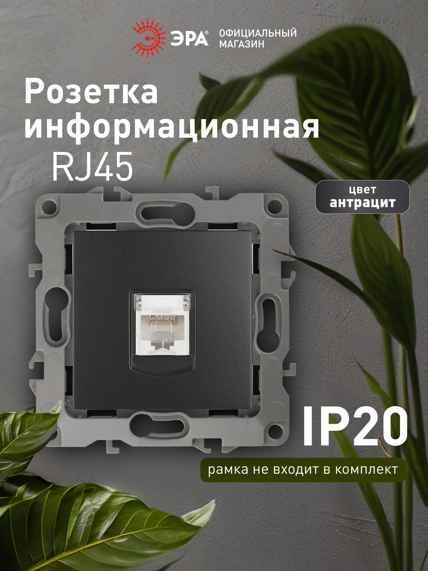 Розетка компьютерная RJ45 ЭРА 12 3107-05 для интернета, для витой пары, скрытой установки, черная