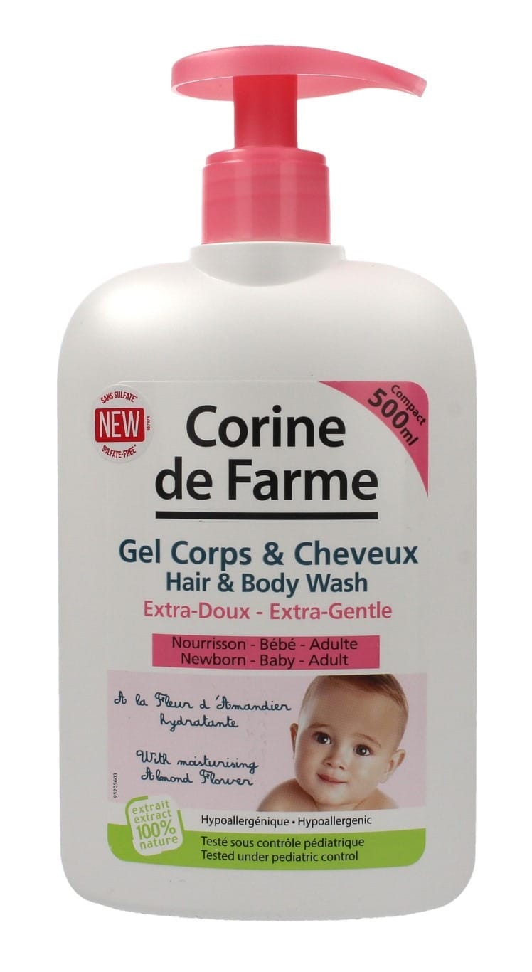 Средство для душа Corine de Farme BeBe, гель для мытья тела и волос 2в1 миндальный для детей, 500 мл