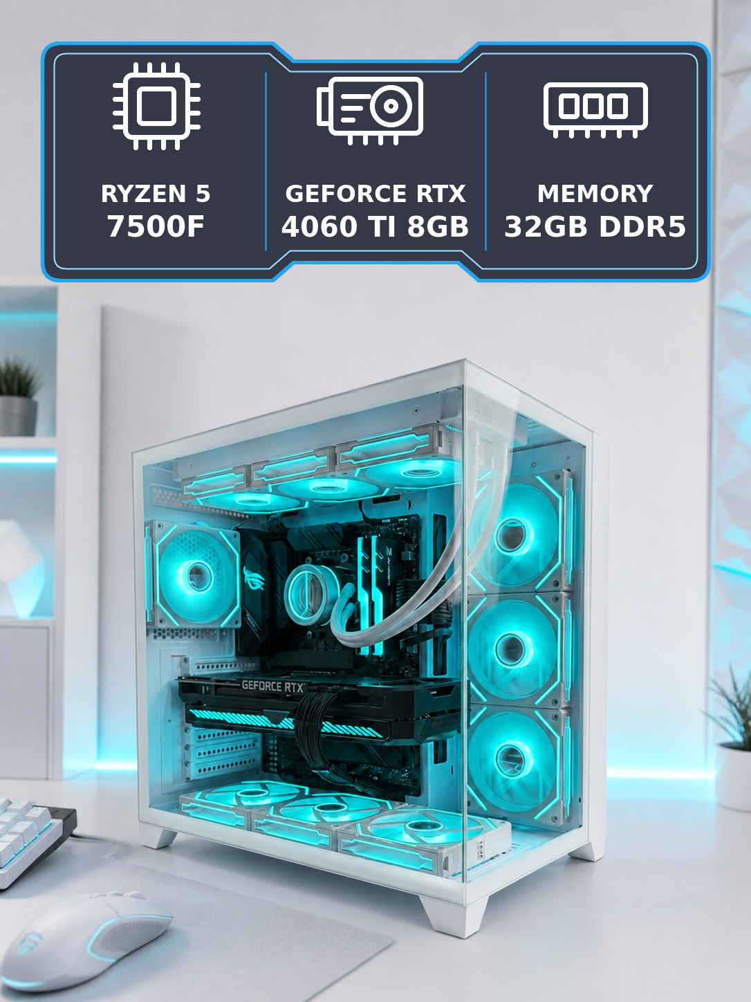 Игровой компьютер (системный блок) AMD Ryzen 5 7500F / RTX4060Ti 8Gb / 32Gb DDR5 / SSD 1Tb / 750W / Win 10 Pro