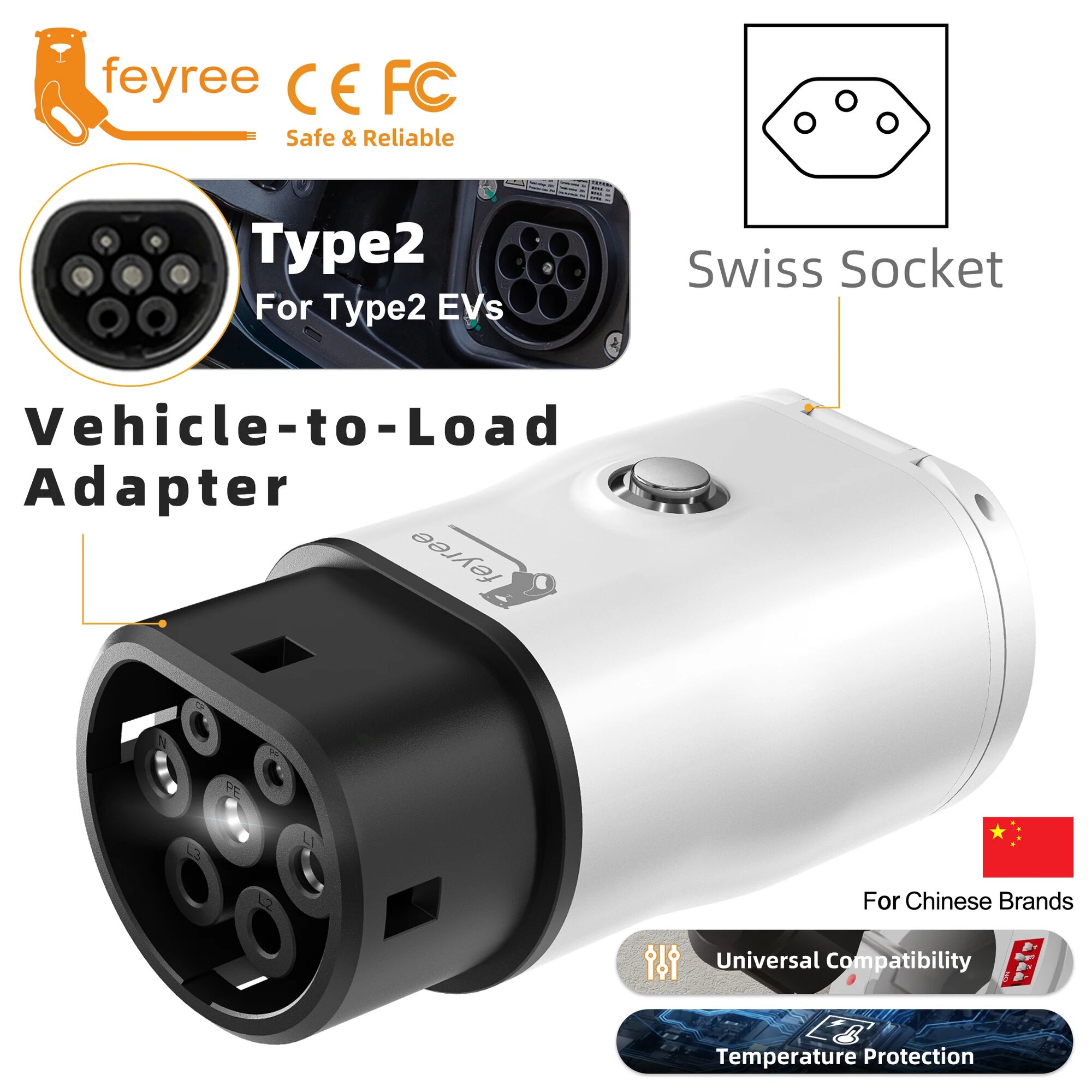 Адаптер Feyree Type2 V2L Swiss Socket для электромобиля