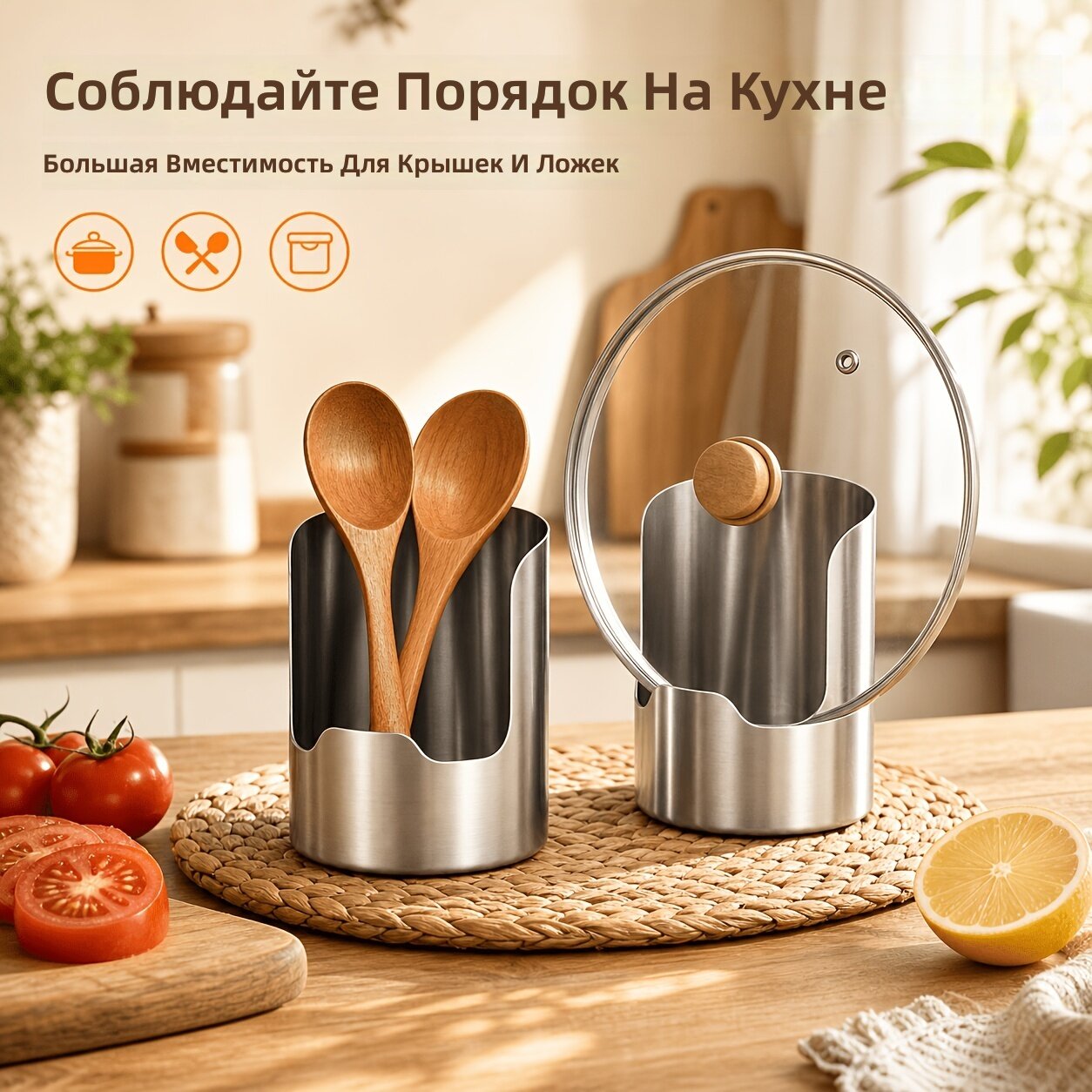 Подставка для крышек и кухонных принадлежностей из нержавеющей стали, настольный органайзер, 1 шт.