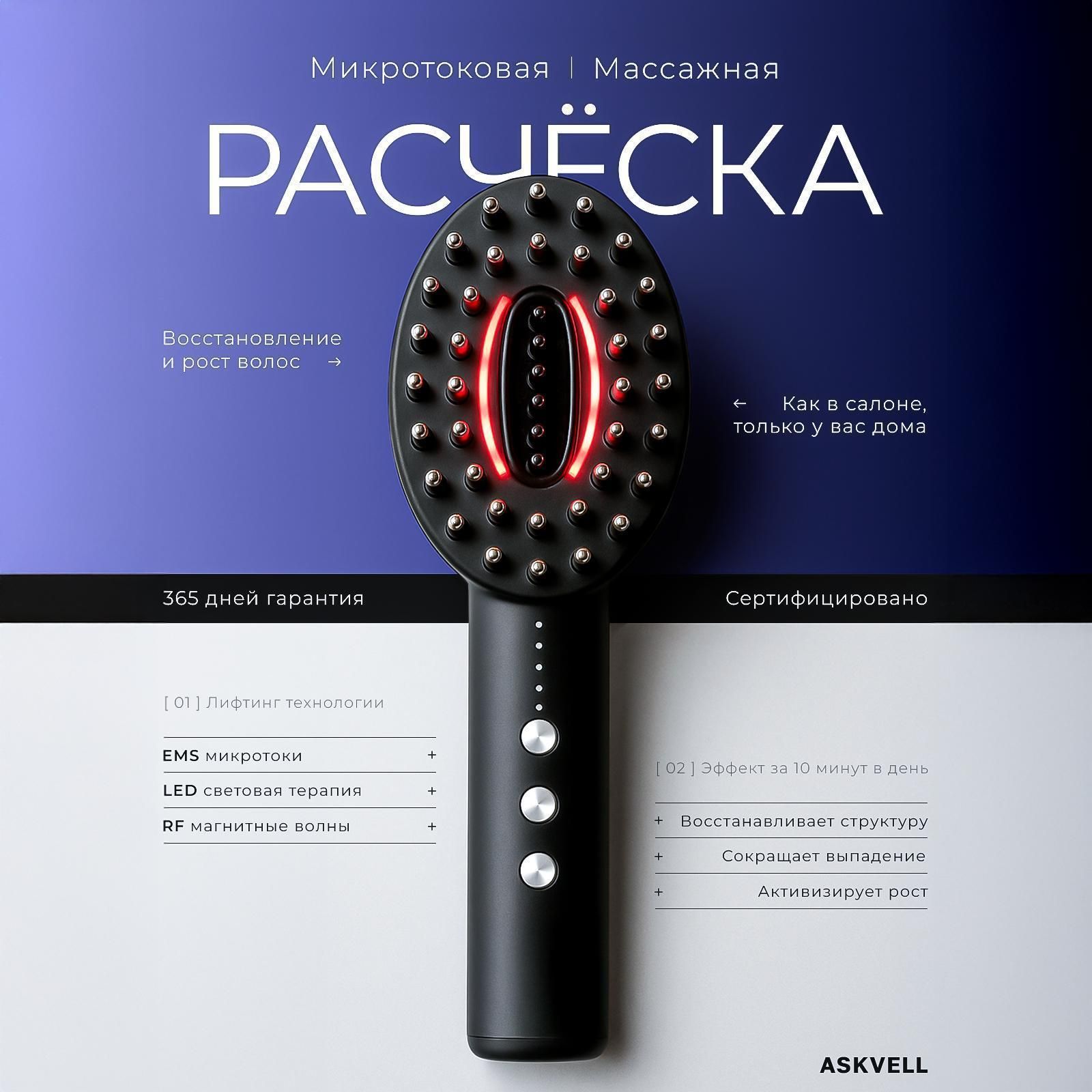 Расческа ASKVELL Умная массажная расческа с микротоками для волос EMS