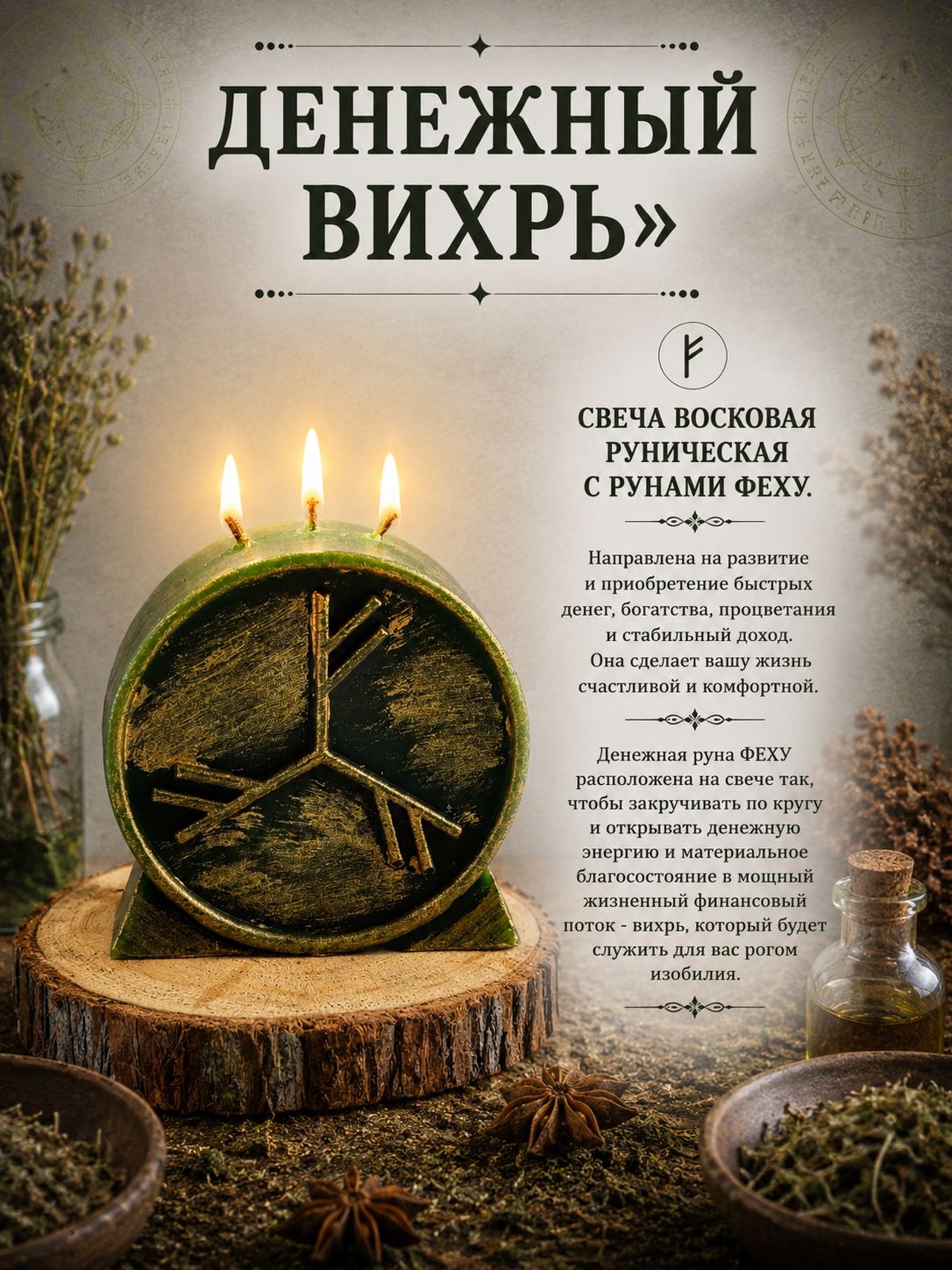 Магическая ритуальная свеча ТРИ феху авторская свеча ручной работы с рунами из натурального пчелиного воска