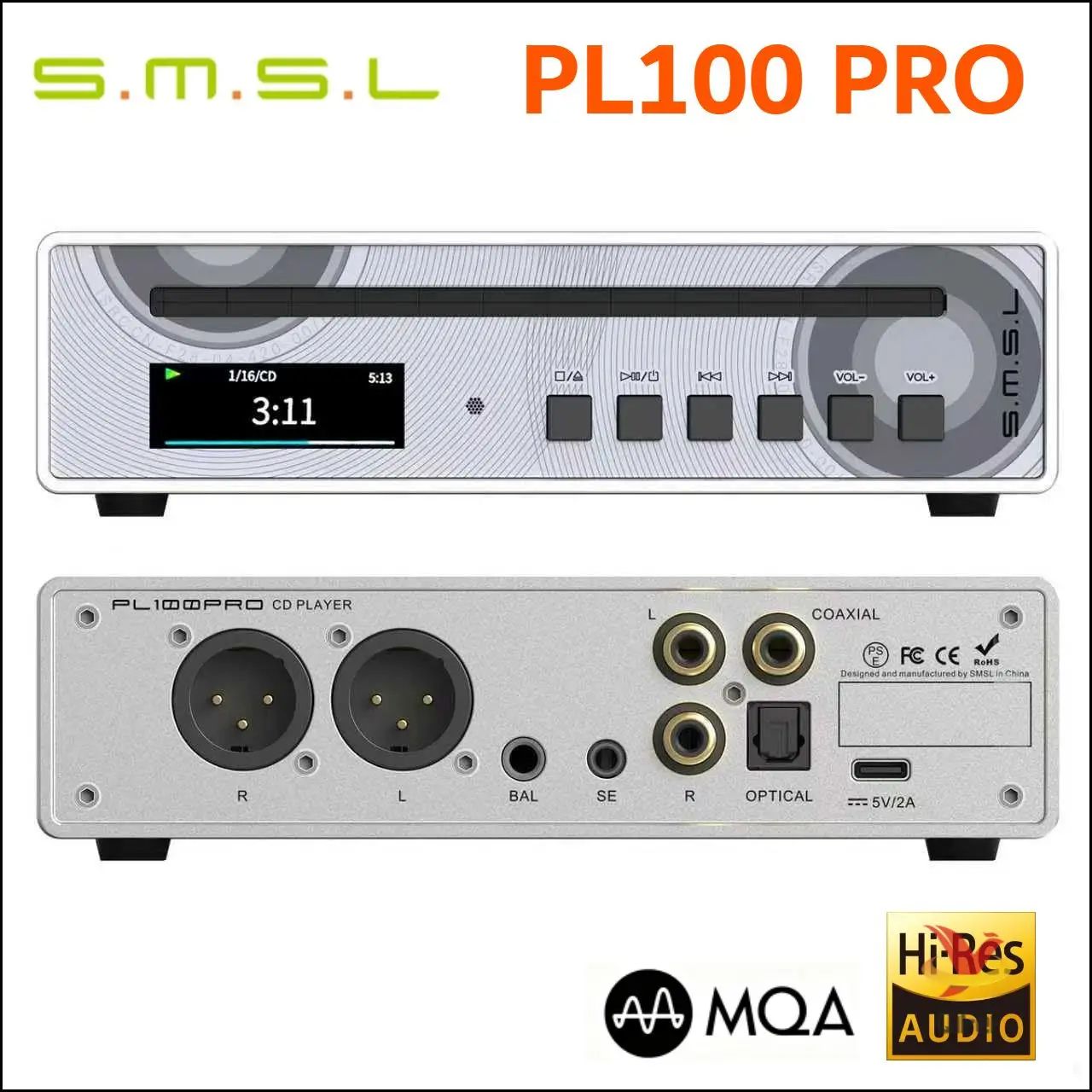 SMSL PL100 PRO Проигрыватель компакт-дисков, многофункциональный чип CS43131* 2DAC, поддерживает воспроизведение MQA без потерь, балансный XLR 4,4 мм-x