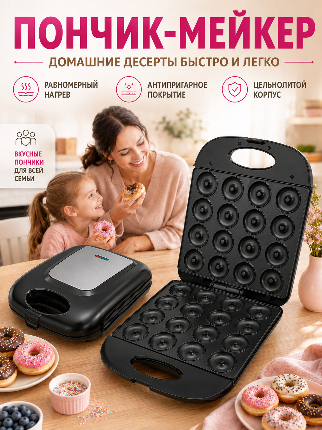 Пончик-мейкер электрический с антипригарной поверхностью, устройство для быстрой выпечки мини пончиков дома для детей и семейных угощений