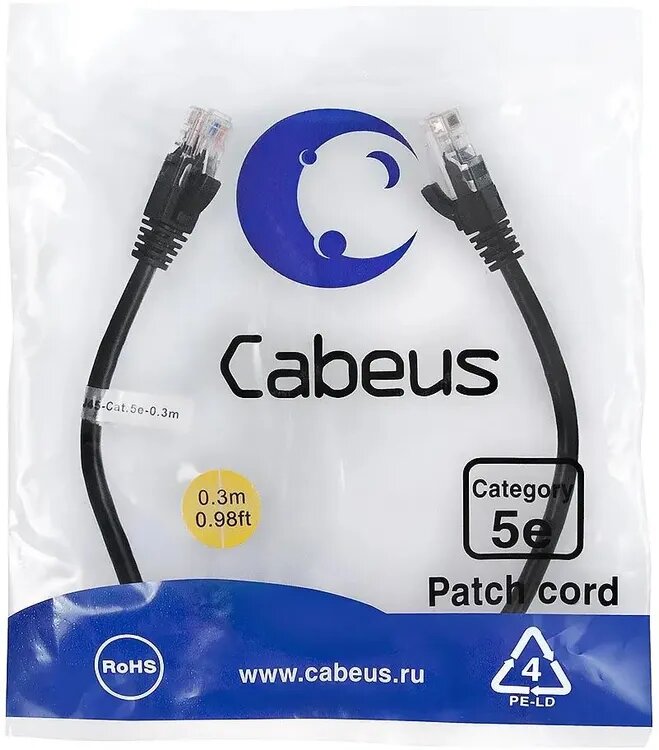 Патч-корд CABEUS PC-UTP-RJ45-Cat.5e-0.3m-BK-LSZH, вилка RJ-45, вилка RJ-45, кат.5E, LSZH, 0.3м, черный