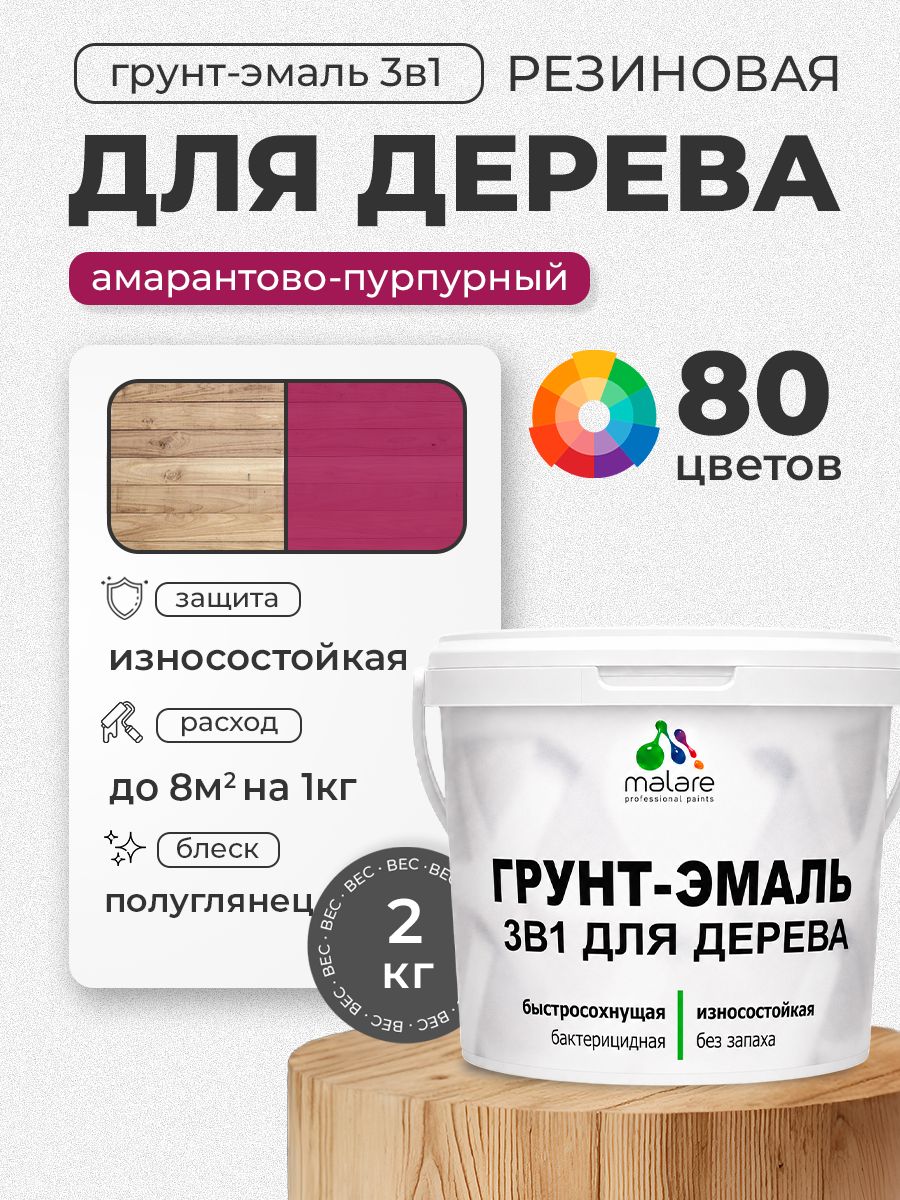 Резиновая Грунт-Эмаль 3 в 1 Malare для деревянных поверхностей/ краска по дереву с антисептическим эффектом/ быстросохнущая моющаяся без запаха полуглянцевая, амарантово-пурпурный, 2 кг