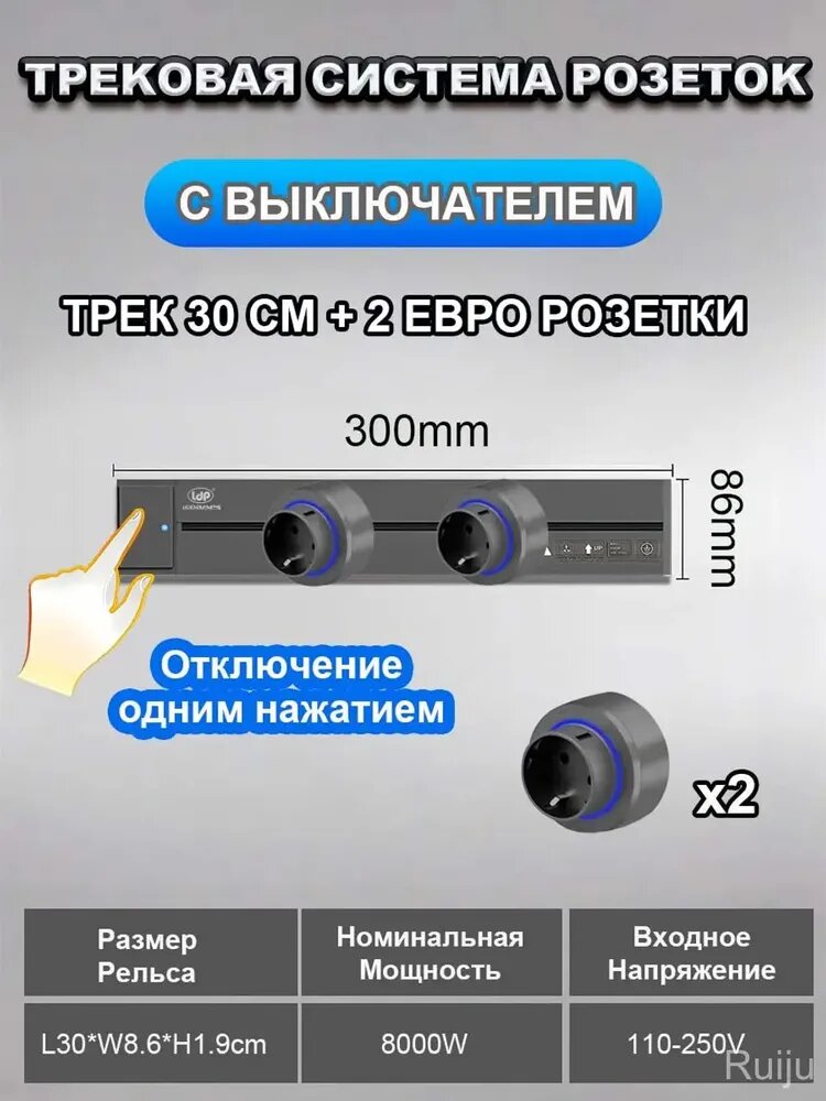 Накладная сменная трековая розетка с выключателем, трек 30см + 2 евро розетки, серый