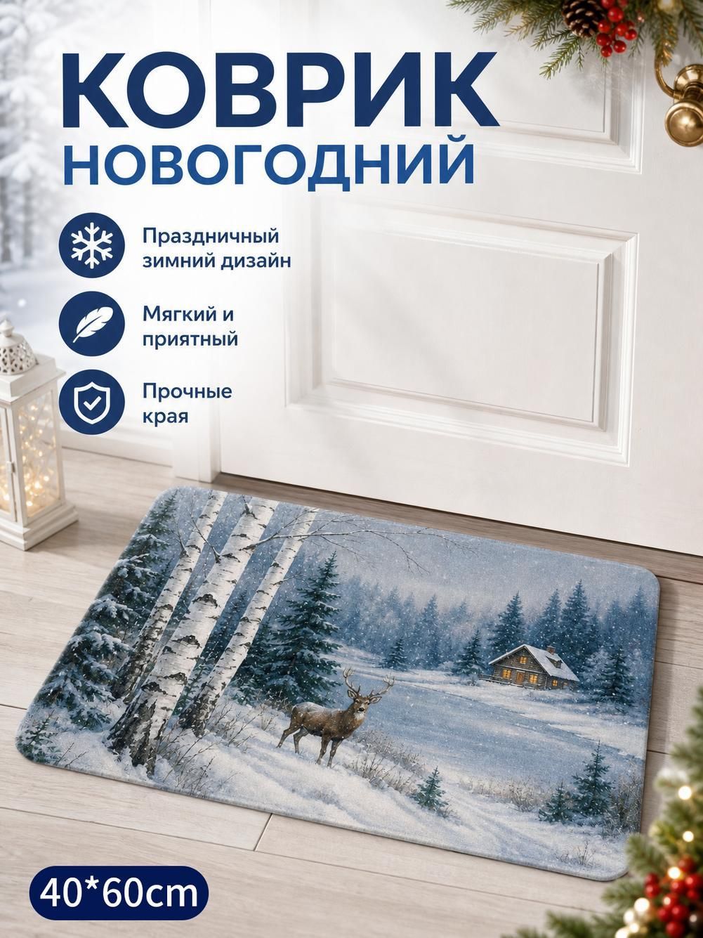 Коврик велюровый новогодний с сюжетом "Самовар", 40x60 см