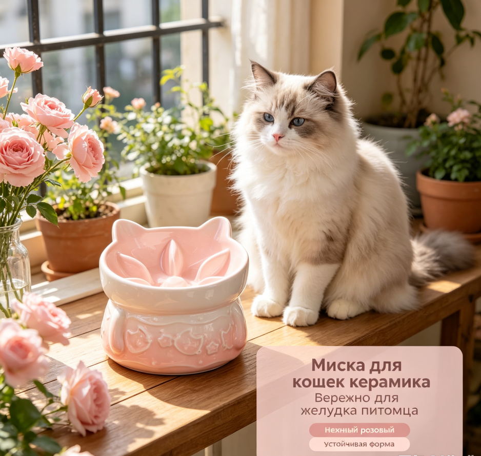 Керамическая миска‑замедлитель для кошек с ушками, высокая миска для защиты шеи, против переедания, легко моется