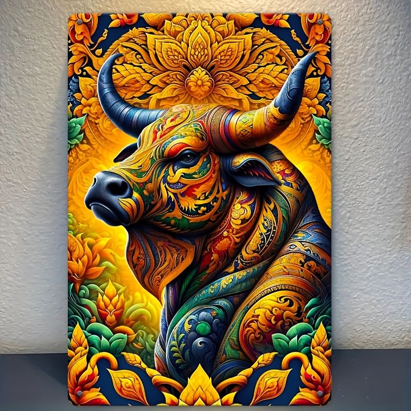 Золотой бык, металлическая декоративная табличка, 20x30 см.