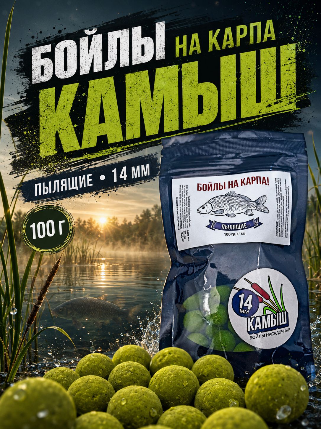 Бойлы на карпа плавающие 14 мм, насадочные, вкус камыш, 100 г