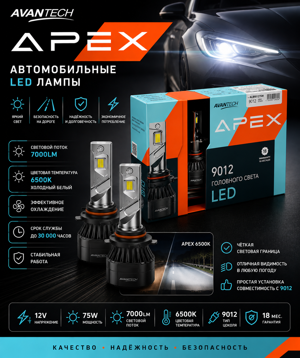 Лампа светодиодная серия "APEX" головного света, 9012, 75 Ватт, 6500К, 7000lm комплект 2 шт. ALB901275W AVANTECH