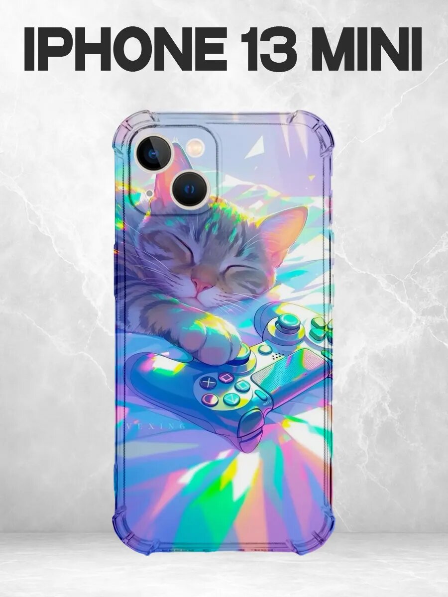 Чехол на iPhone 13 Mini с принтом Радужный кот с геймпадом