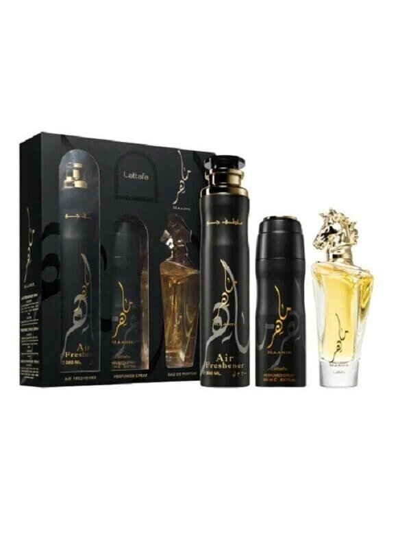 Парфюмерный набор SET LATTAFA Maahir EDP spray 100ml + PERFUMED SPRAY 200ml + AIR FRESHENER 300ml