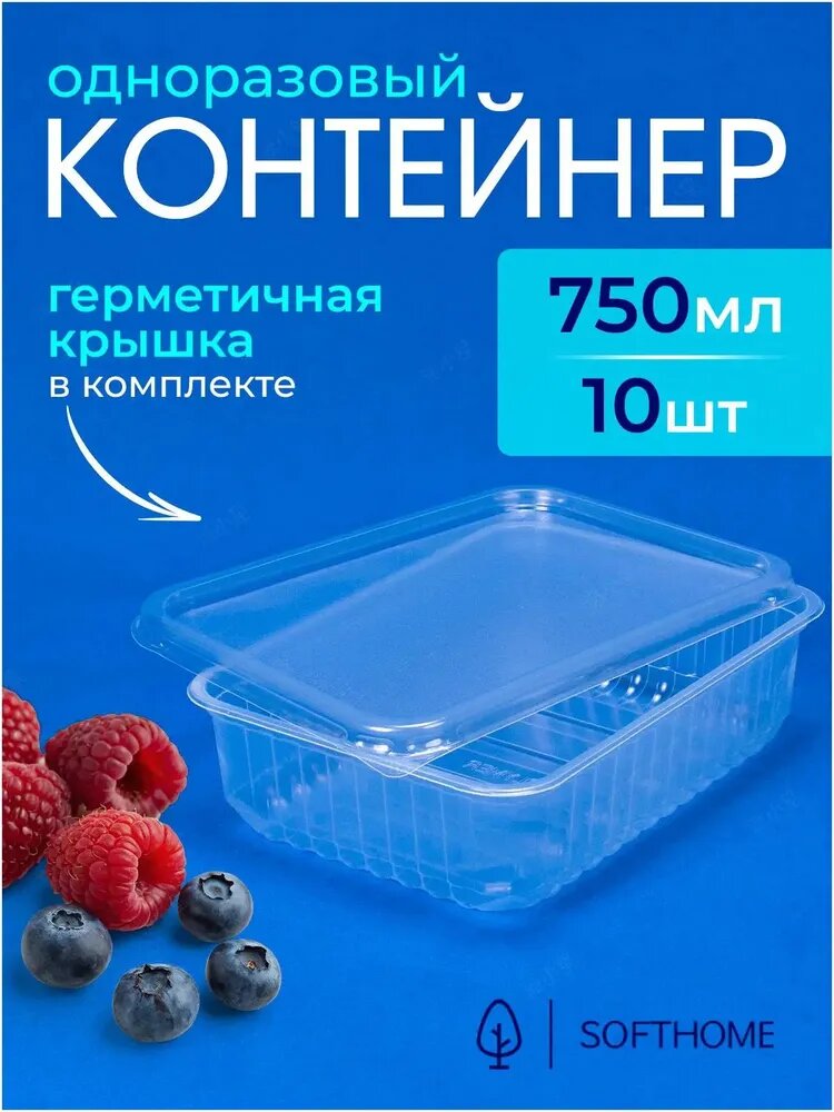 Одноразовый контейнер с крышкой 750 мл, 10 шт, 179*132 мм для хранения и заморозки