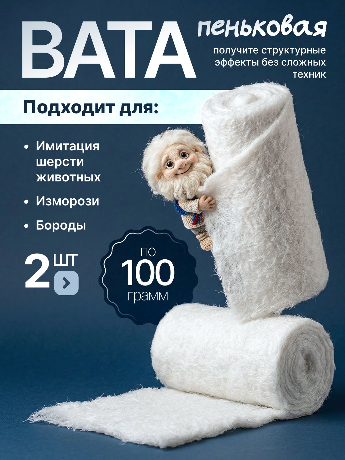 Вата пеньковая для ватных игрушек и творчества белая 200 гр 2 шт