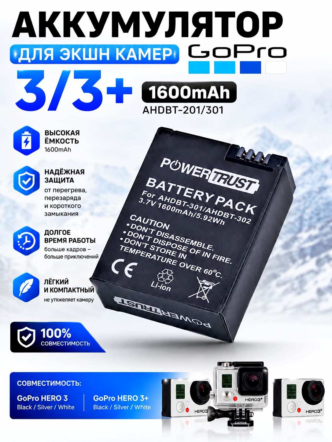 Аккумулятор для экшн камер GoPro 3/3+ 1600mAh ahdbt-201/301