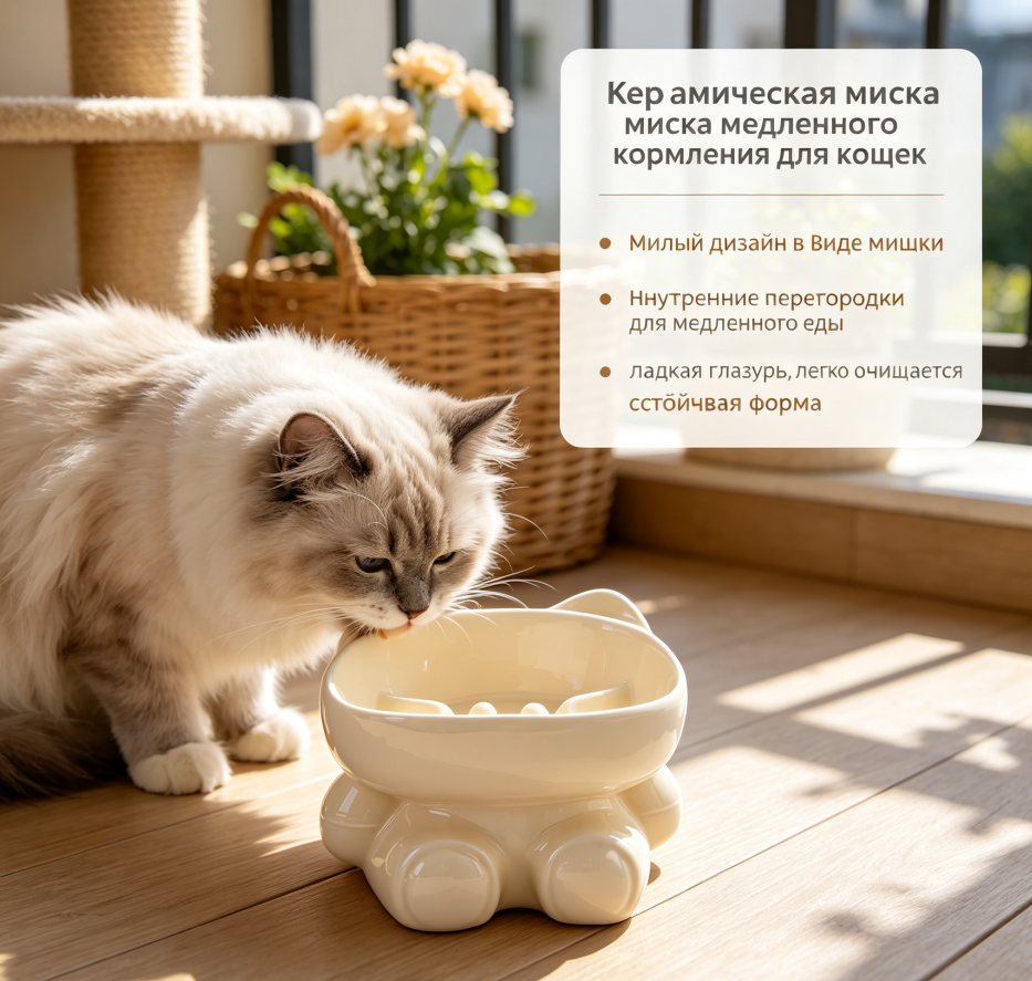 Керамическая миска для медленного кормления в виде котика, антиудушающая миска для кошек, стильная посуда для питомцев