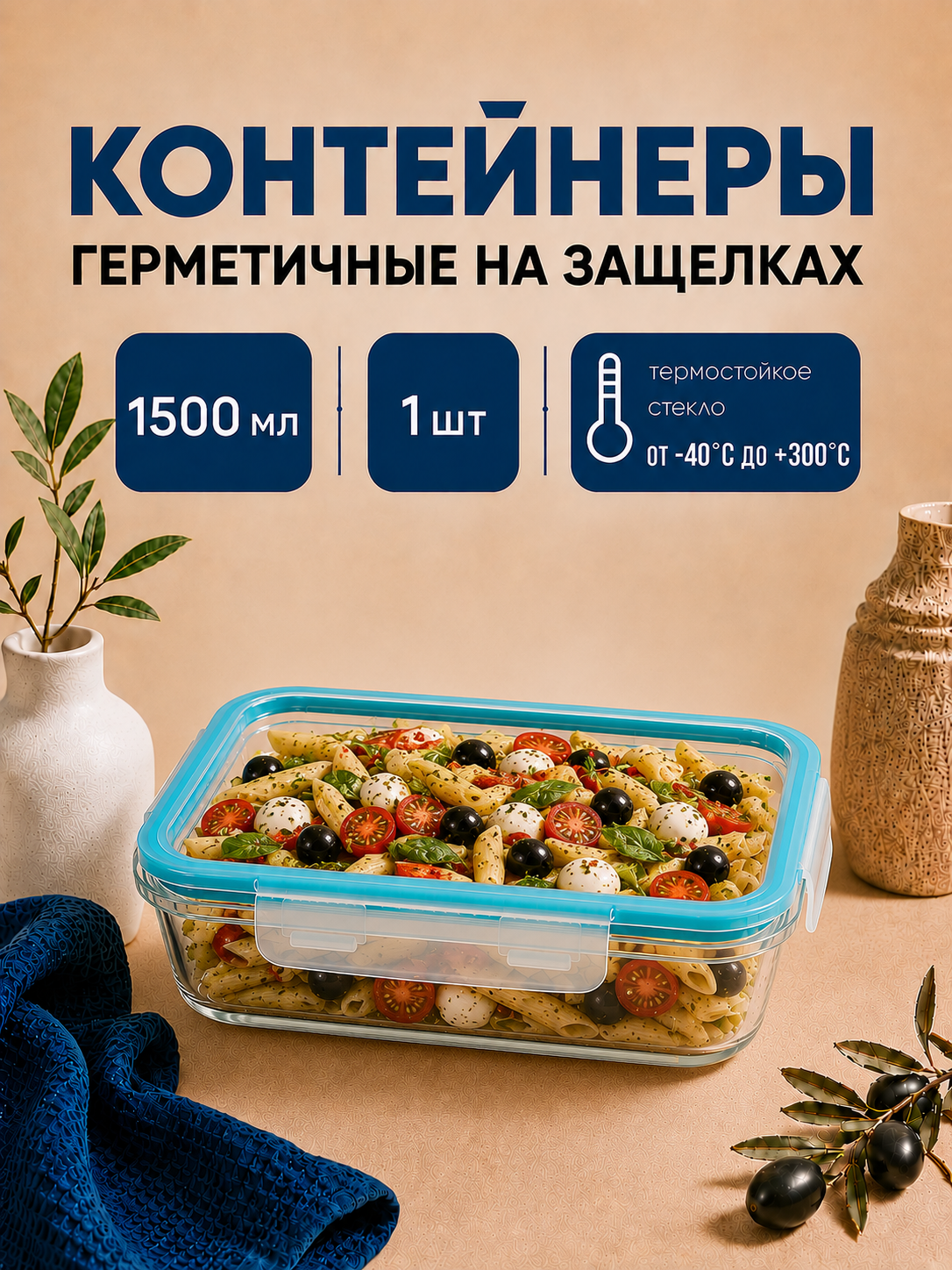 Контейнер для еды. Герметичный стеклянный контейнер, 1500 мл, 1 шт