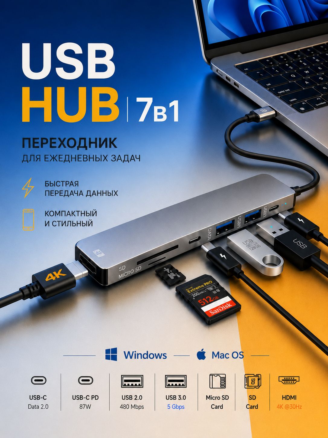 USB Hub, переходник для macbook, разветвитель 7 В 1 , переходник hdmi type c