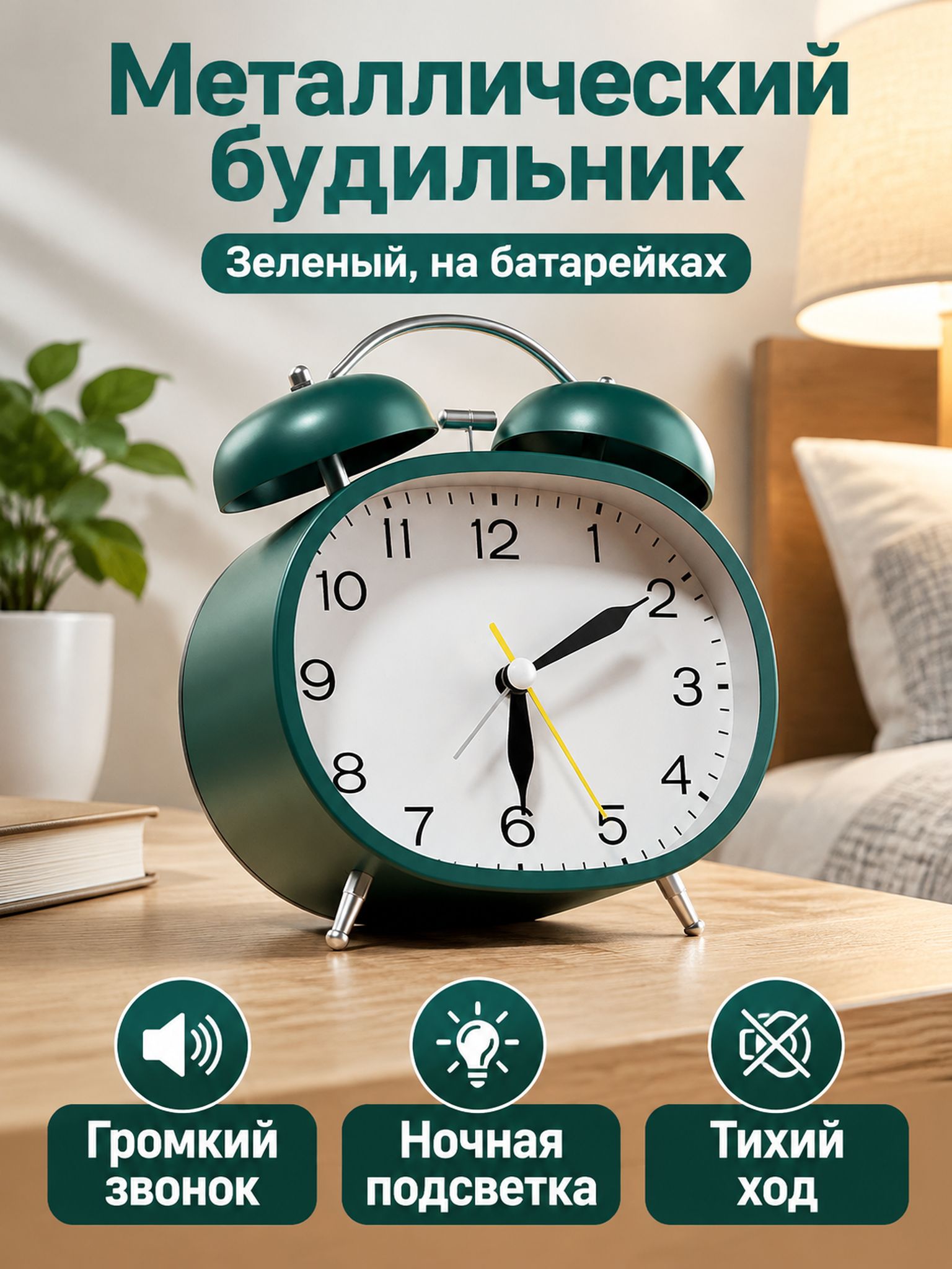 Будильник настольный металлический с громким звонком и ночным светом, круглый, с арабскими цифрами, цвет зеленый