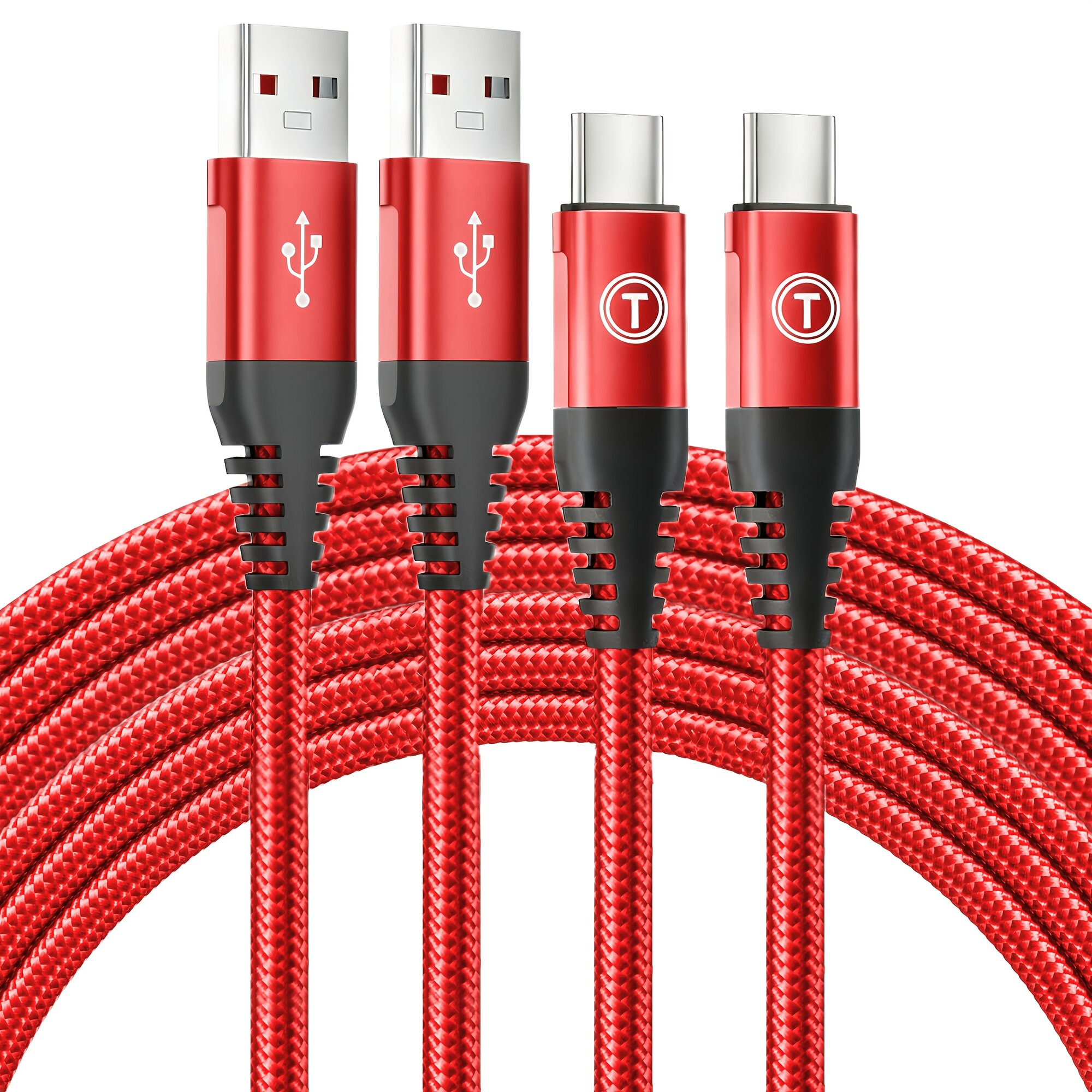 Кабель USB Type-C красный, комплект из 2 шт, длина 3 м (300 см), быстрая зарядка 30 Вт, нейлоновая оплетка, защита от запутывания, для дома, офиса и использования вне помещений