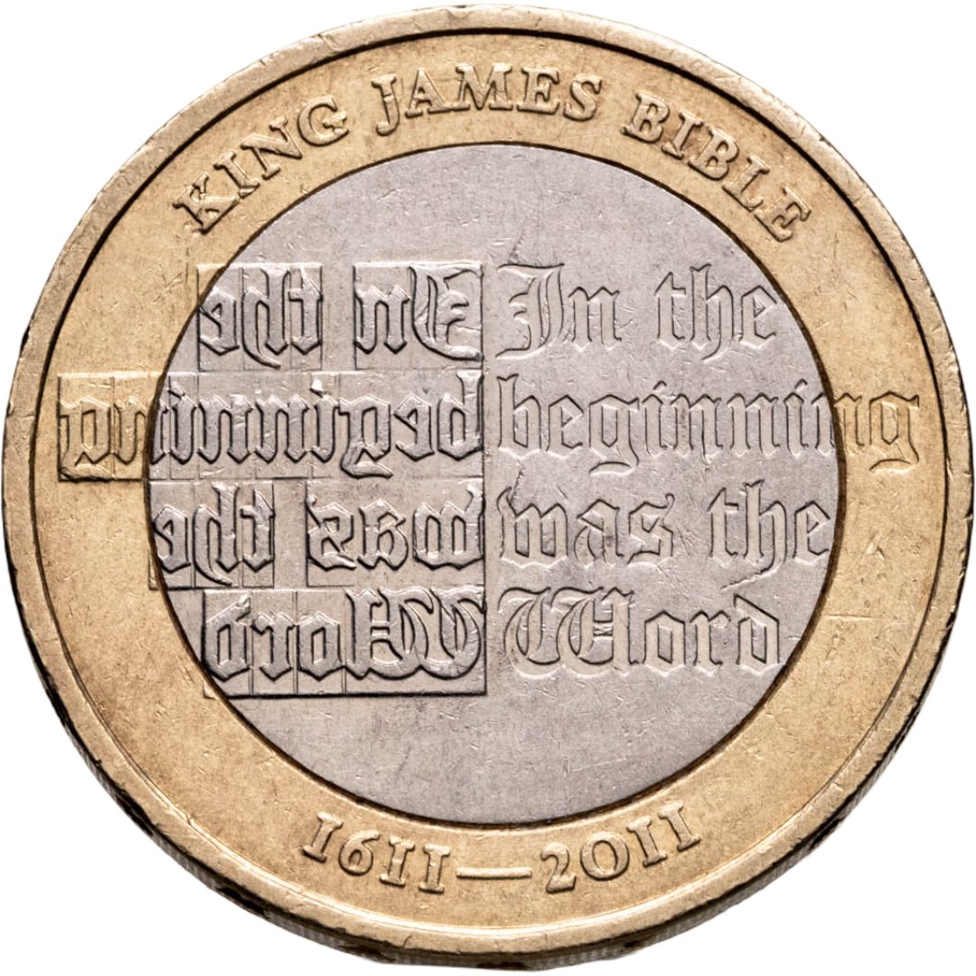 Великобритания 2 фунта pounds 2011 "400 лет Библии Короля Якова", Биметалл, в сохранности AU