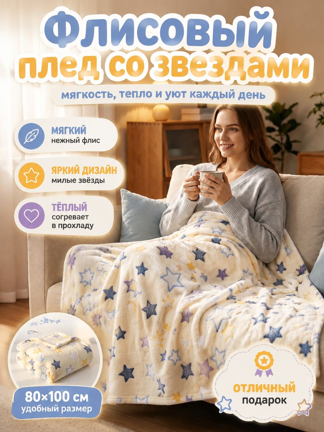 Плед 80x100 см хлопок двусторонний детский светло-бежевый