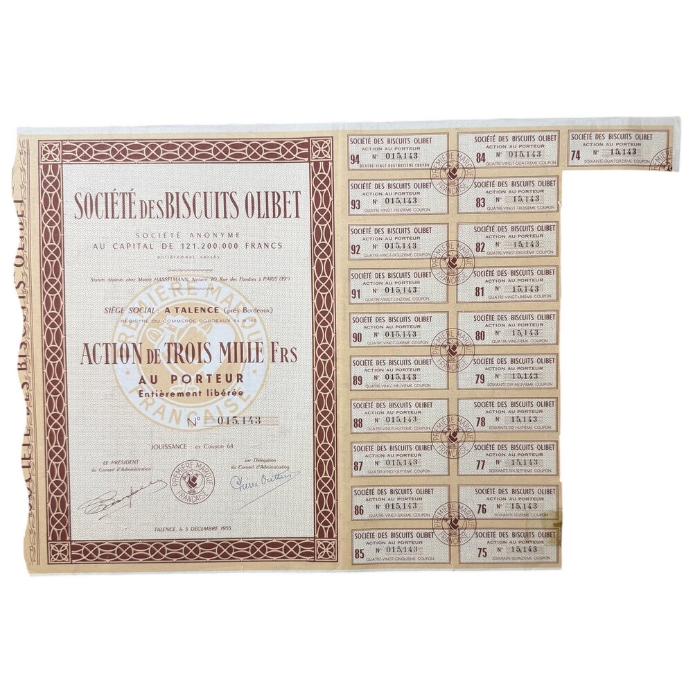 Франция, Societe des Biscuits Olibet, сертификат на 1 акцию 1955 г.