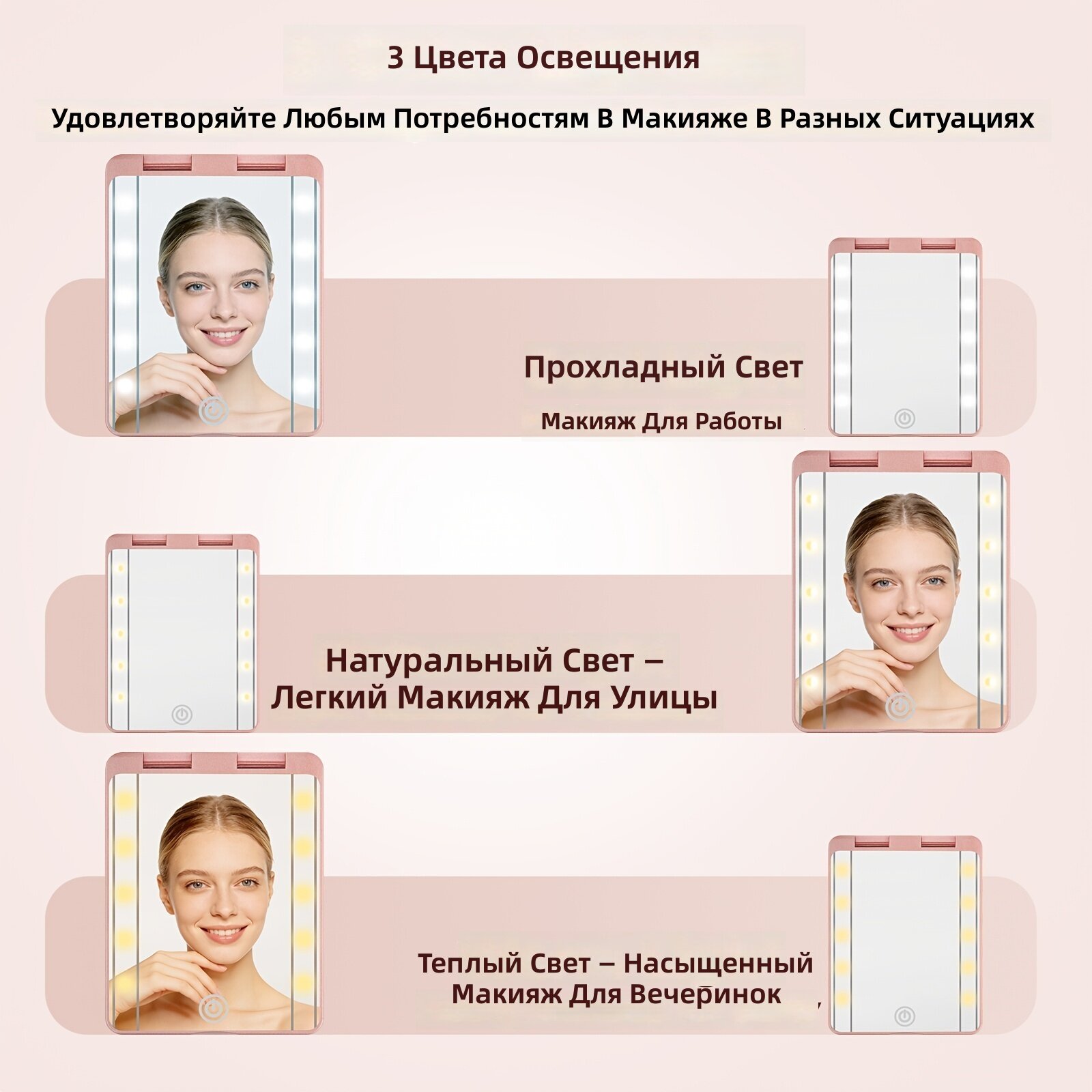 Зеркало для макияжа со светодиодной подсветкой, увеличение 1x и 30x, регулируемая яркость, складное двустороннее белого цвета