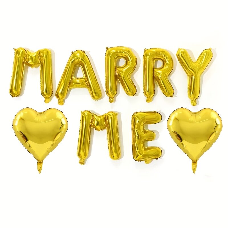 Набор из 9 золотых фольгированных воздушных шаров с надписью MARRY ME и сердцем для свадьбы и романтического оформления