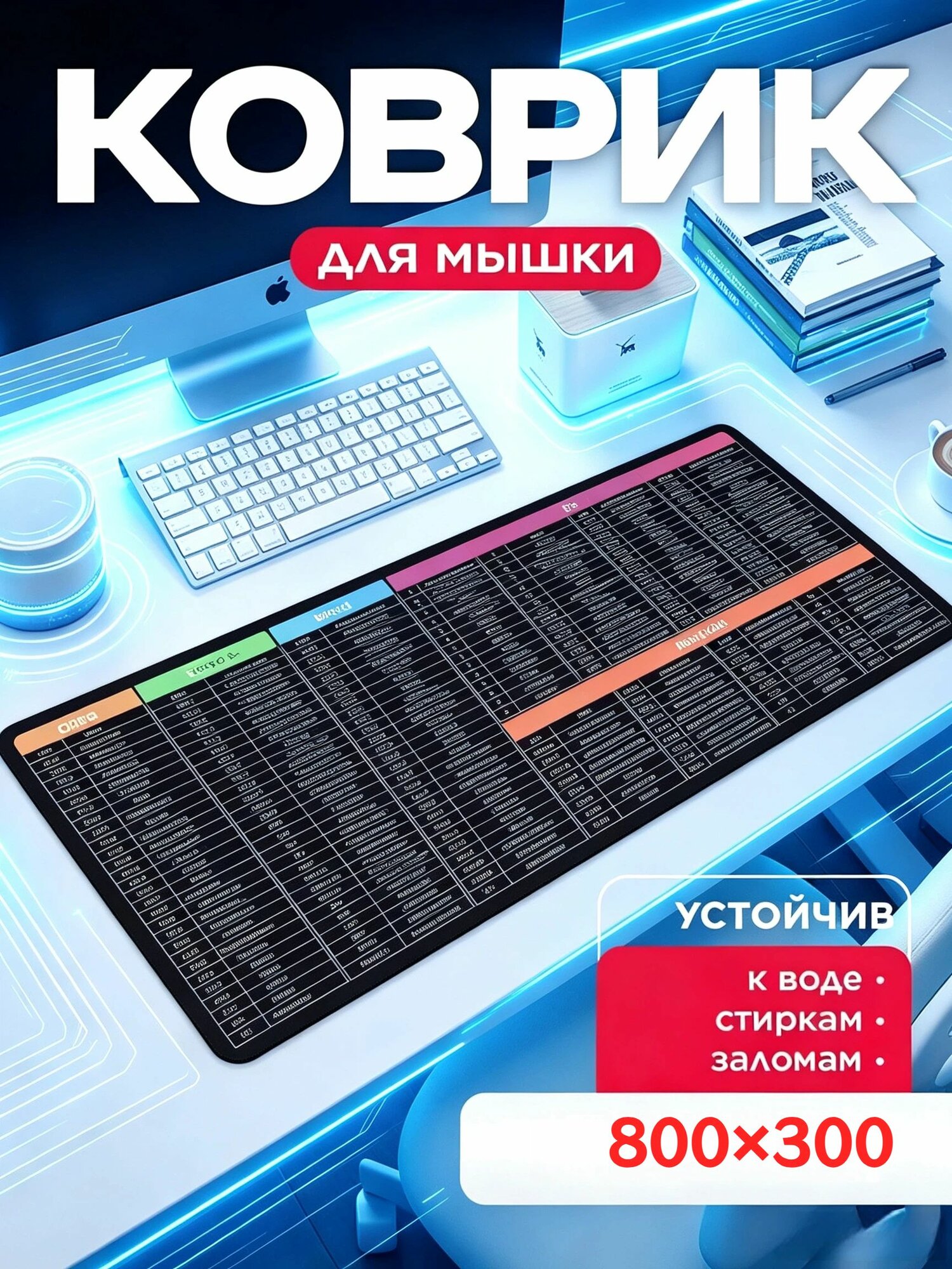 Большой коврик для мыши "Черные Горячие Клавиши" 80х30 см/ Детский игровой антискользящий противоскользящий резиновый/ Для клавиатуры и ноутбука компьютерного офисного