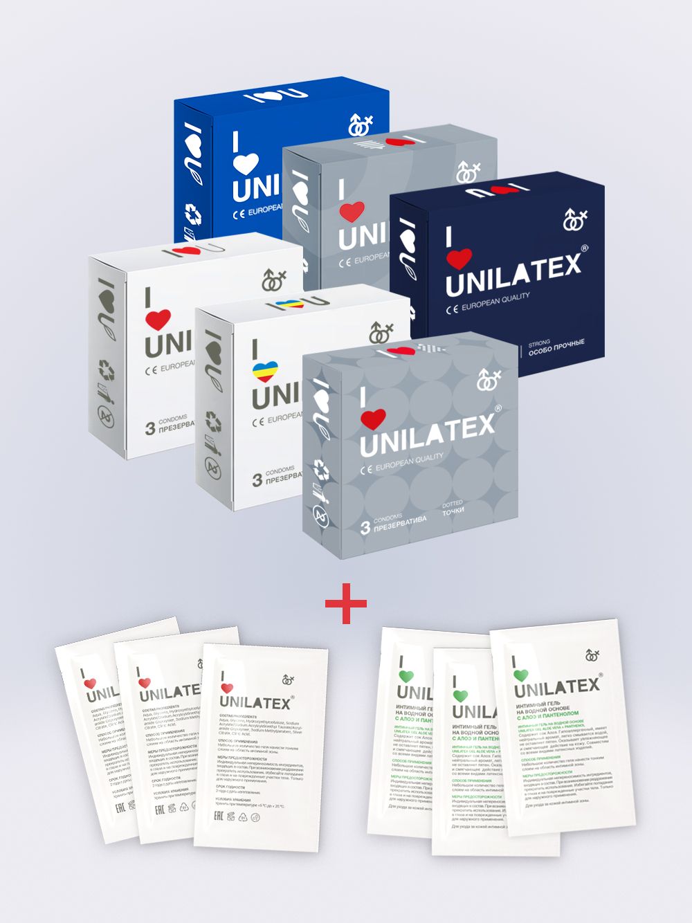 Промо-набор UNILATEX Презервативы и лубрикант (6 уп. по 3 шт. + 6 сашетов по 5 мл.)