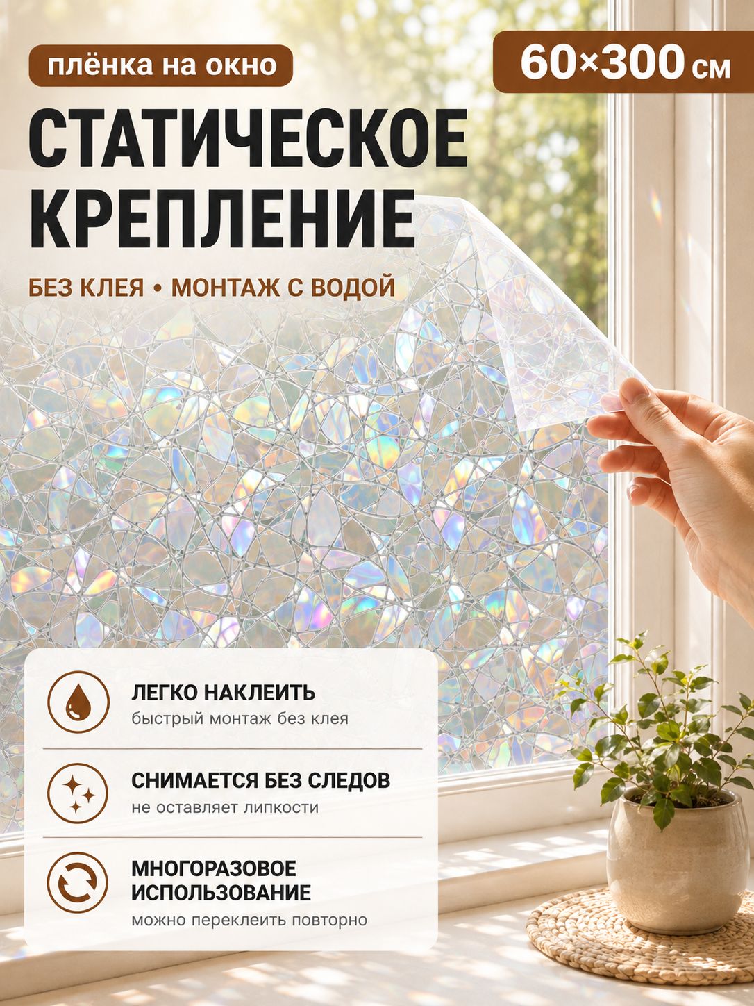PUDALI Пленка для окон 60x300 см 1 шт статическая противоосколочная, зеркальный эффект разноцветный