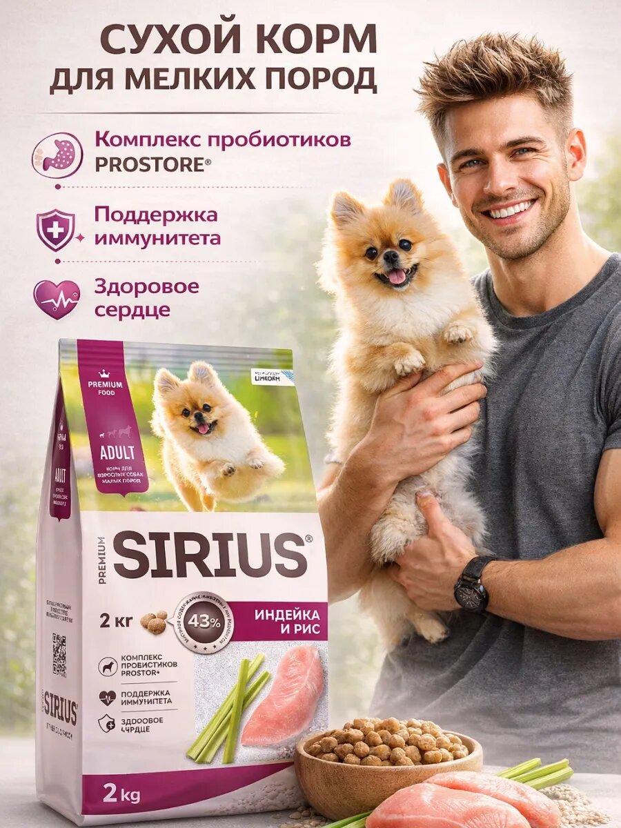 Сухой корм для собак малых пород индейка и рис 2 кг
