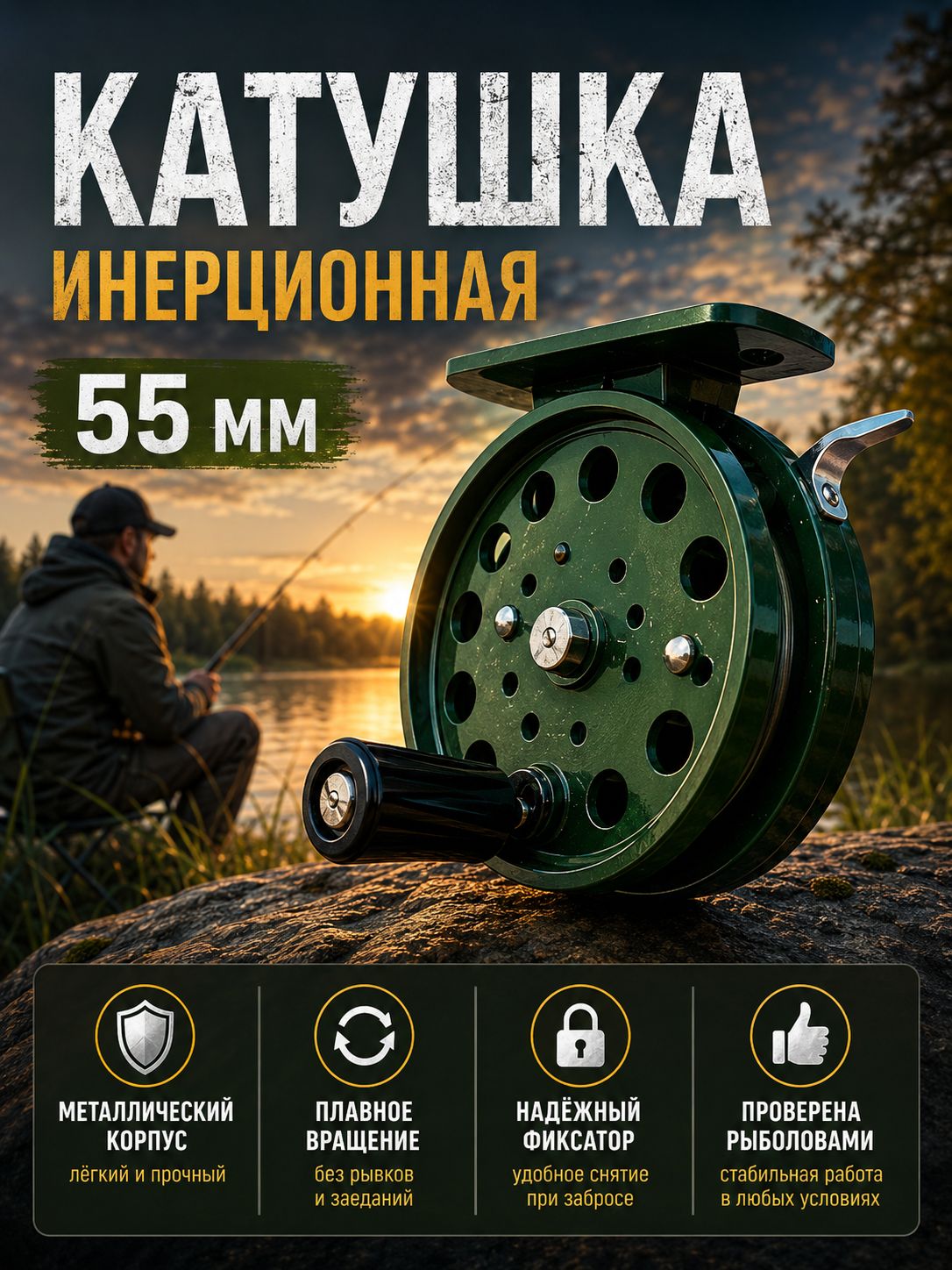 Катушка инерционная 55 мм металлическая для летней и зимней рыбалки, проводочная рыболовная катушка, зимняя удочка, съемная шпуля
