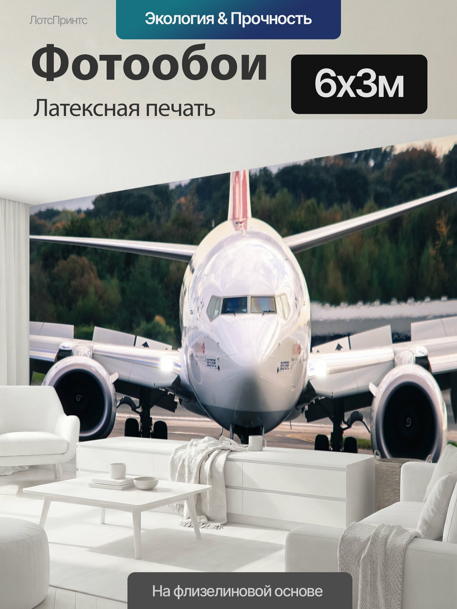 Фотообои моющиеся ударопрочные "Boeing 737, самолет, манчестер аэропорт" 600x300 см. латексная печать