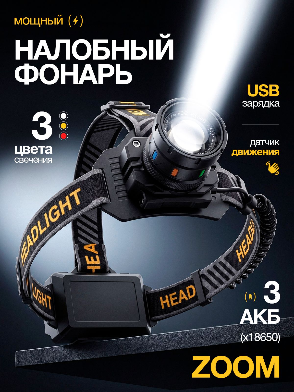 Фонарь налобный аккумуляторный мощный YYC-GY-8129 PM30-3TG, светодиодный с датчиком движения, 3 цвета света, ZOOM, USB Type-C, для рыбалки, охоты и туризма