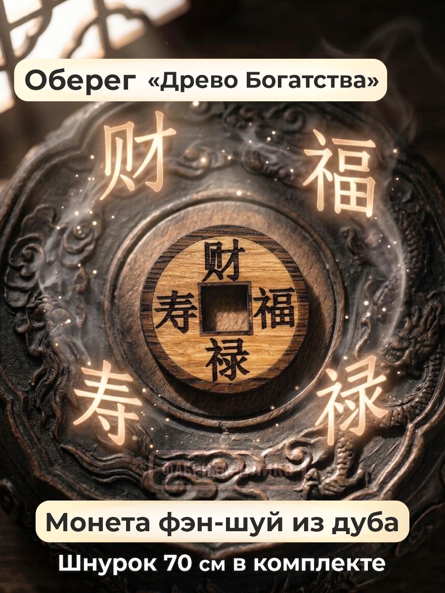 Оберег Древо Богатства - китайская монета фэн-шуй из дуба с иероглифами на деньги, счастье, здоровье и успех
