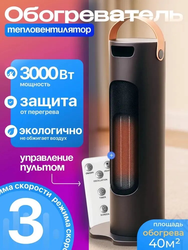 Обогреватель напольный электрический керамический, тепловентилятор для дома, конвектор черный
