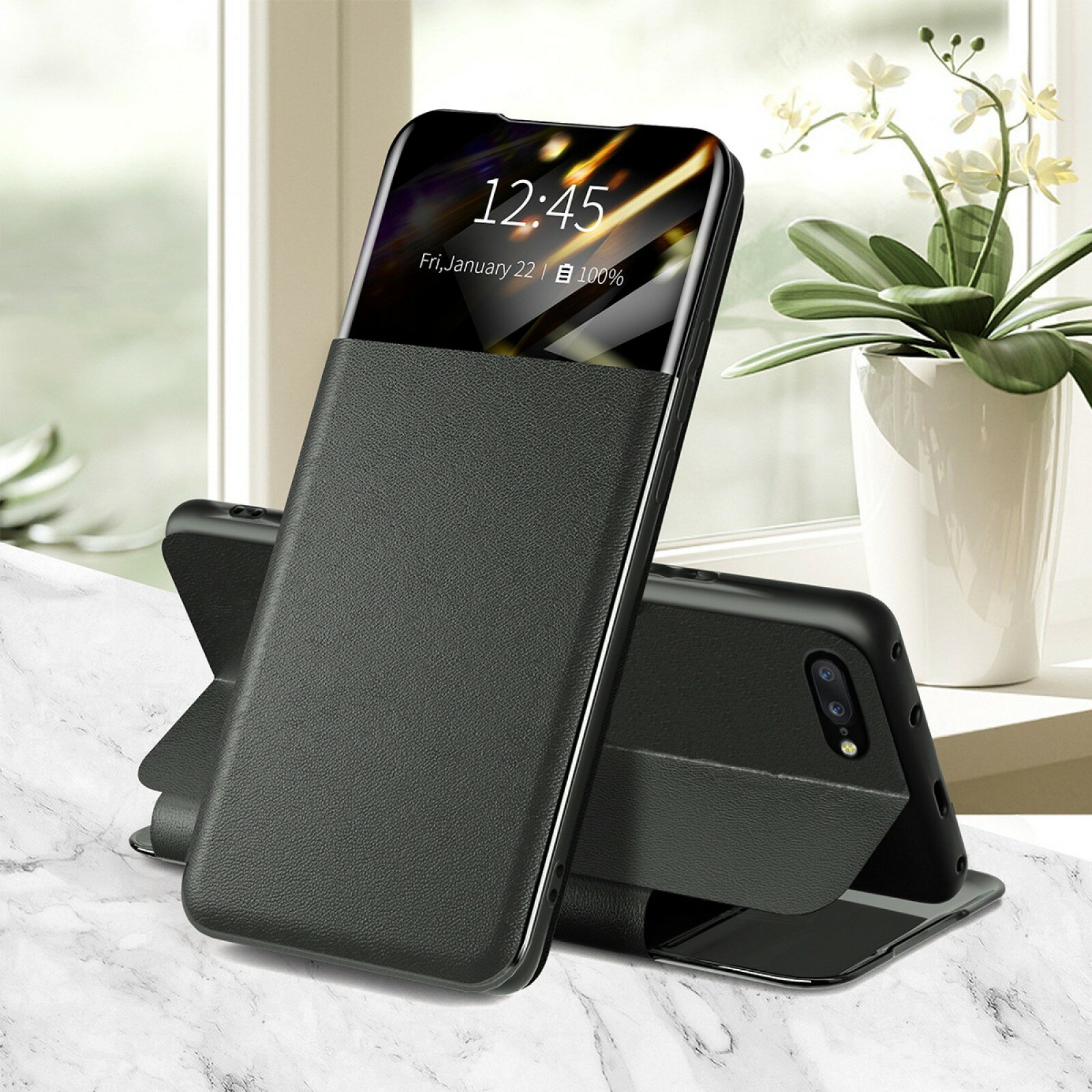 Чехол-книжка MyPads для OnePlus 5T черный с окошком для вызовов водоотталкивающий