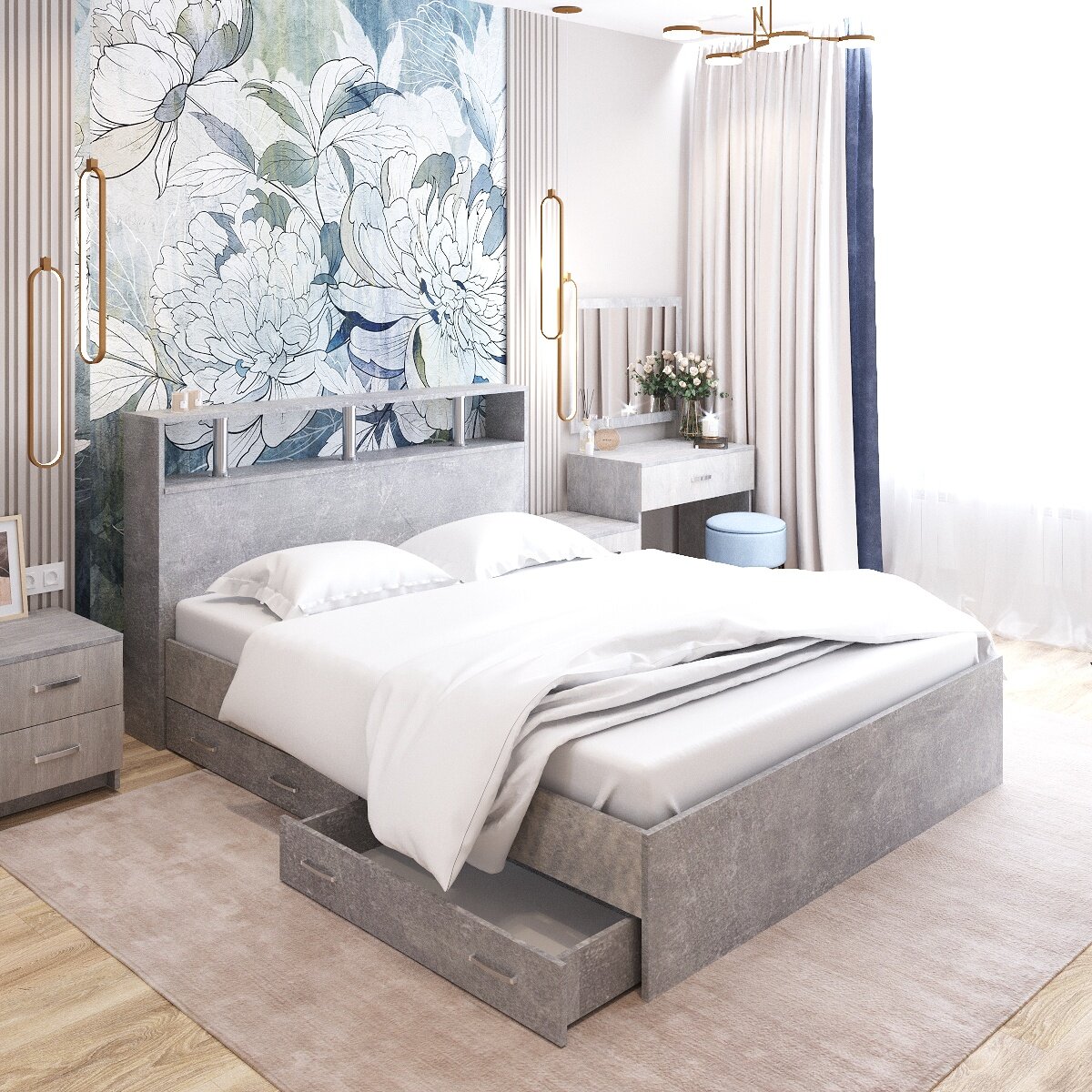Кровать KMK, двуспальная, с ящиками, 180x200см, бетон, в современном стиле