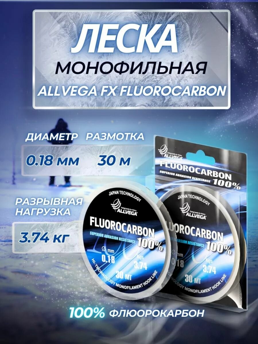 Леска для зимней рыбалки Флюорокарбон 100% 30м 0,18мм 3,74кг