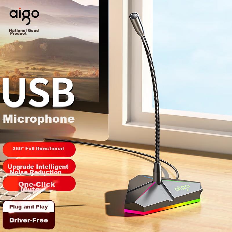 Aigo K6 Проводной USB-микрофон с емкостным капсюлем для видеозвонков, игр, записи и стриминга, серый Цвет：Многоцветная