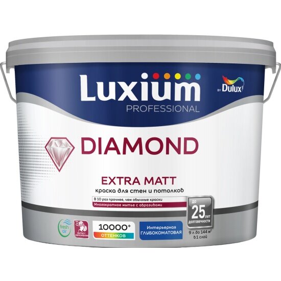 Краска для стен и потолков, водно-дисперсионная Luxium Diamond Extra Matt глубокоматовая база BW 9 л